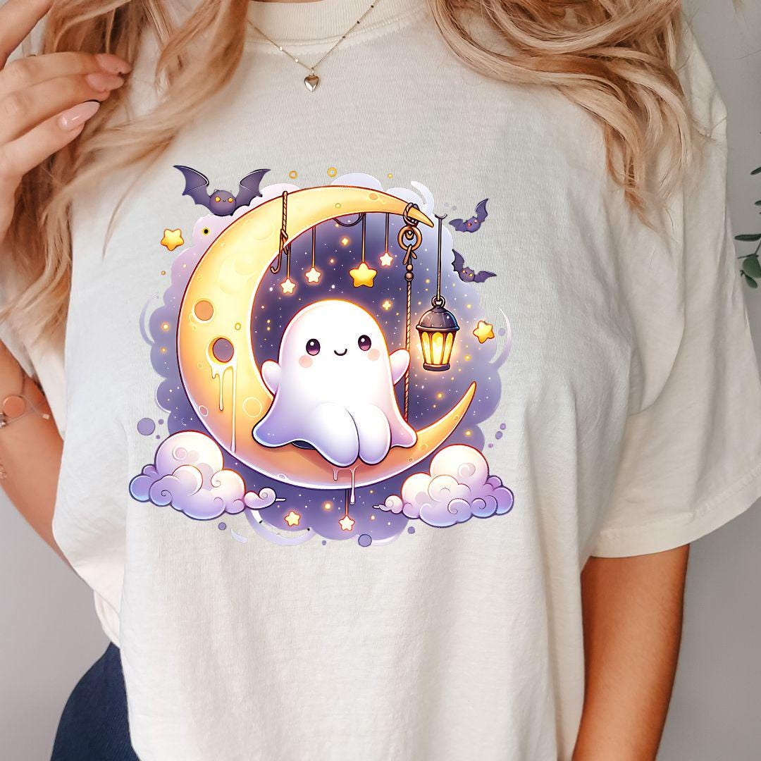 Moon Ghost PNG | Kawaii Halloween Sublimation Design | Cute Ghost ...