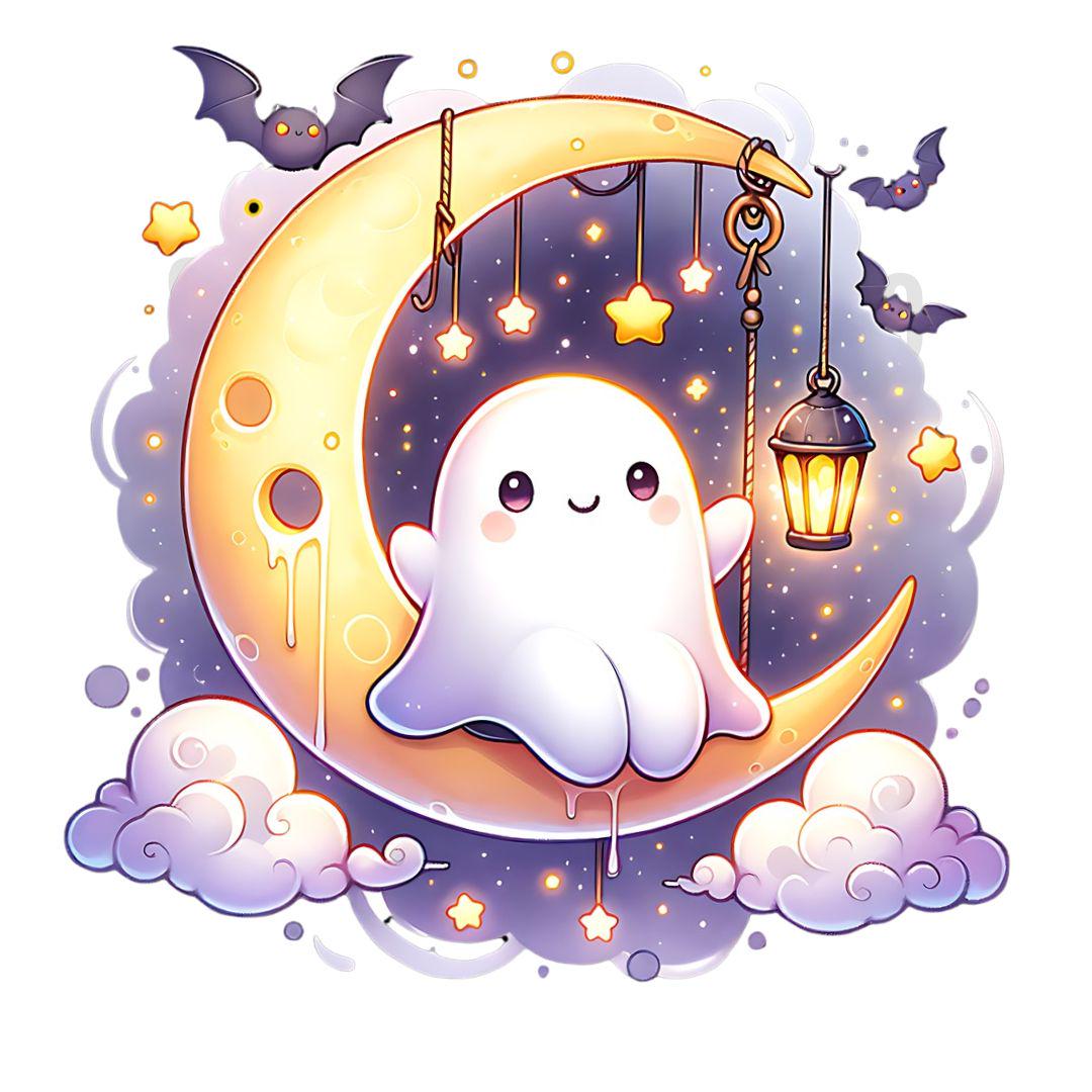 Moon Ghost PNG | Kawaii Halloween Sublimation Design | Cute Ghost ...