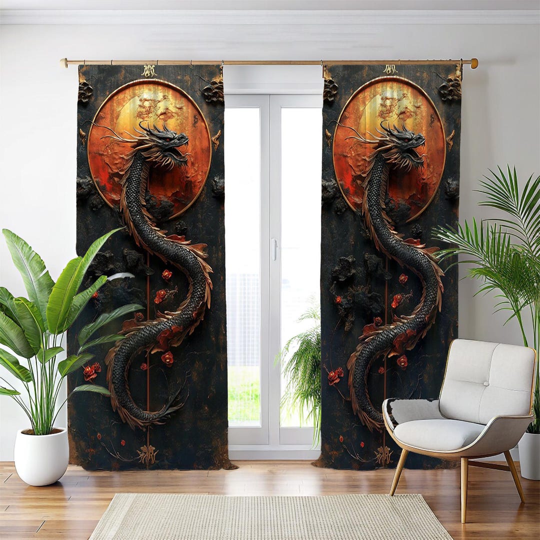 Chinese Dragon Curtain, Golden Mythical Creature Curtains, Asian ...