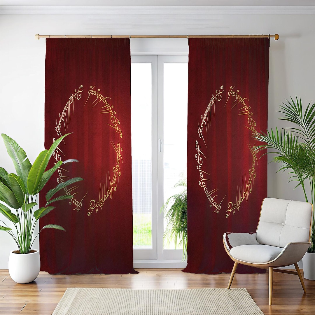 Cortinas rojas de El Señor de los Anillos, cortinas con letras doradas ...
