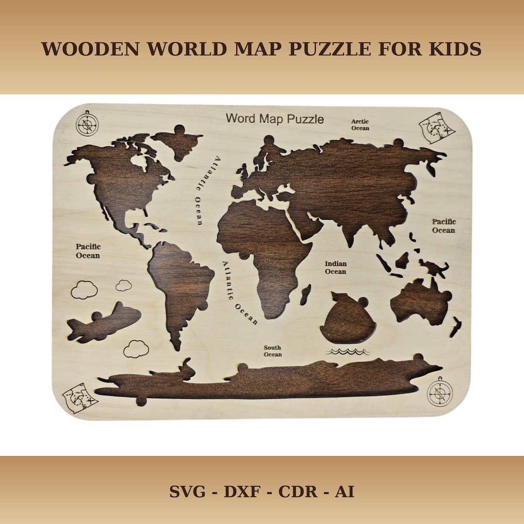 Wooden World Map Puzzle Template | Svg DXF CDR AI | 3 Mm Plywood Laser ...