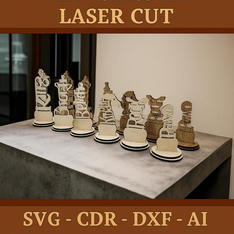 Text Chess Set Laser Cut Svg DXF CDR AI – 3mm Plywood Board game ...