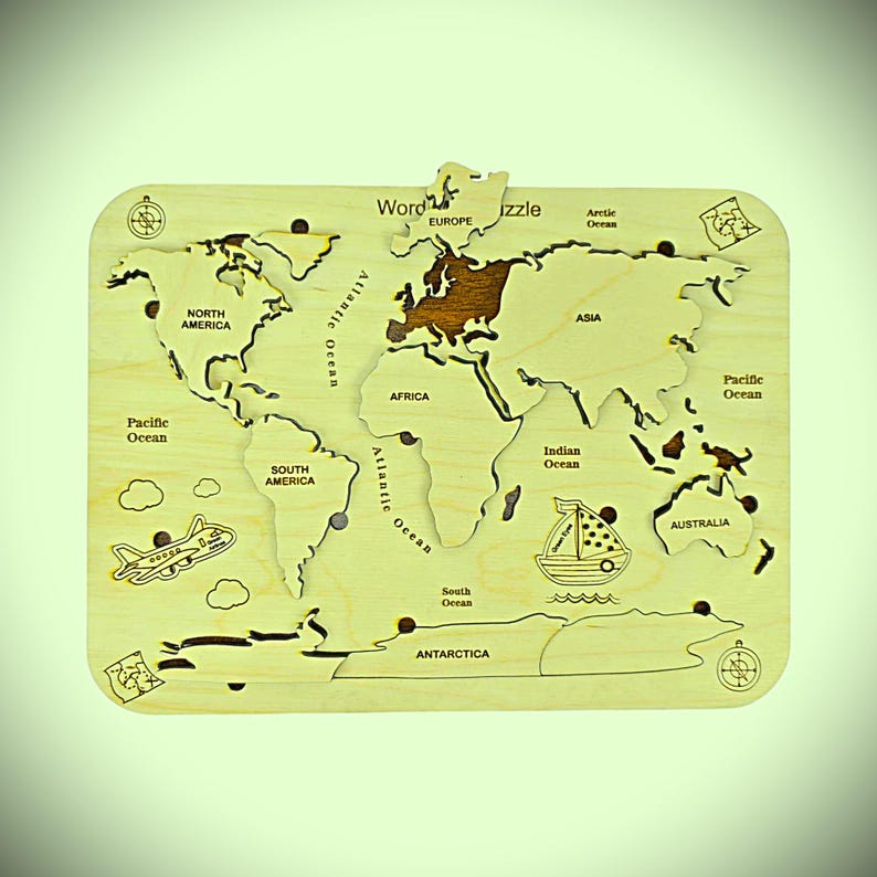 Wooden World Map Puzzle Template | Svg DXF CDR AI | 3 Mm Plywood Laser ...