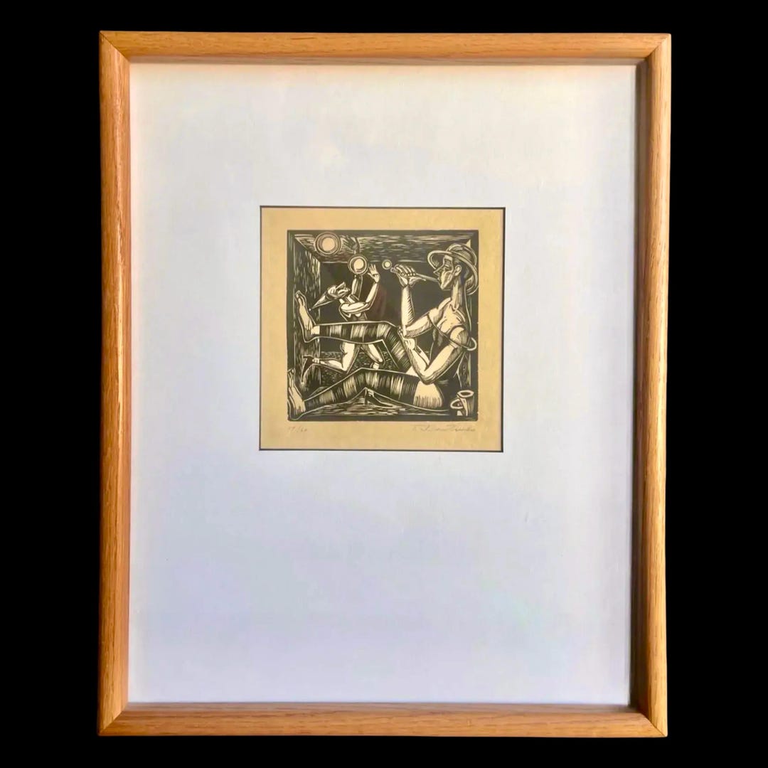 Vintage Primitive-style Woodcut Relief Print on Oriental Paper, Signed ...