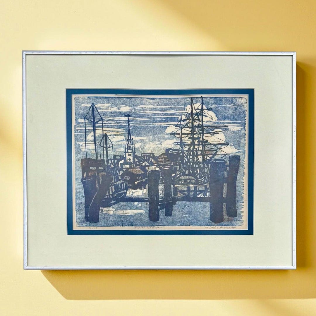 Vintage Abstract Harbor Woodcut Print “newport Waterfront”- Signed ...