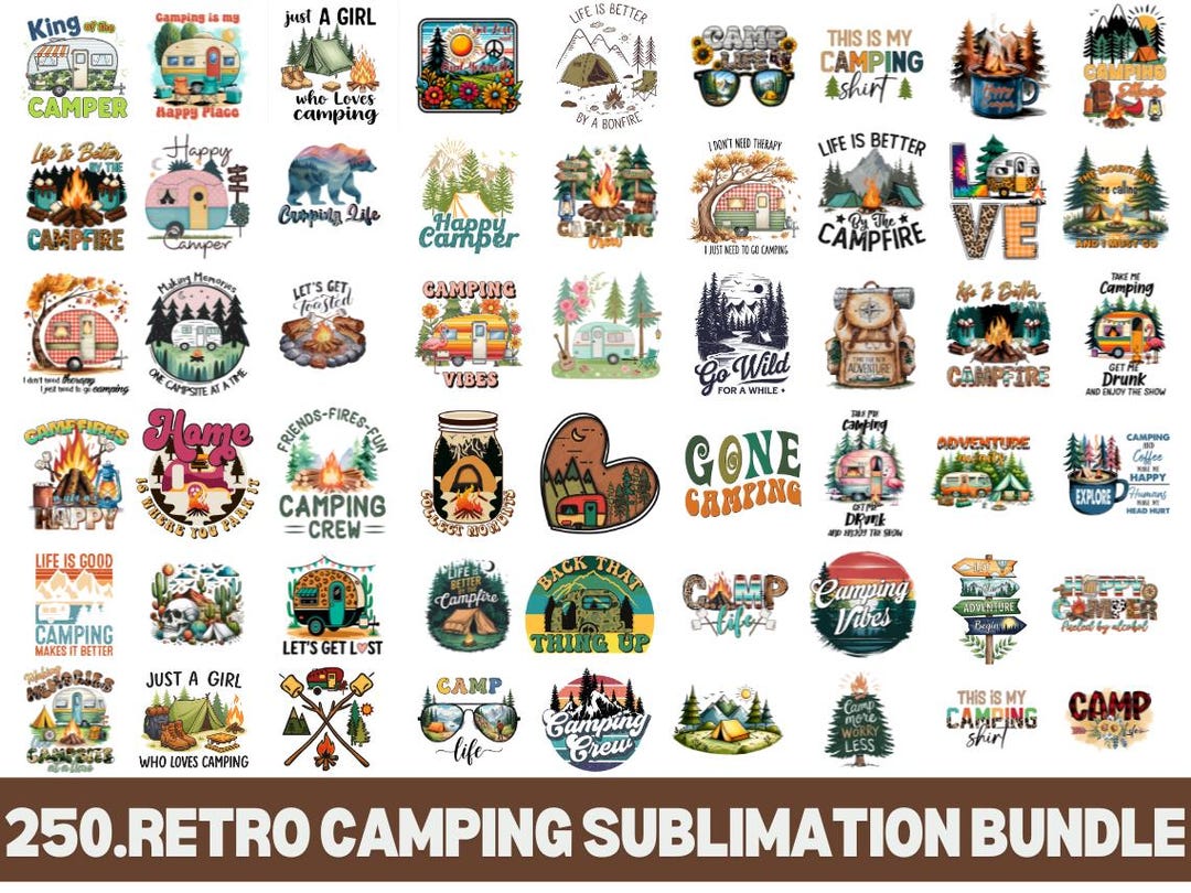Retro Camping PNG Clipart Bundle, Family Vacation Designs (commercial ...