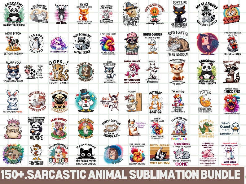 Sarcastic Animal PNG Bundle: Funny Quotes for T-shirts (digital ...
