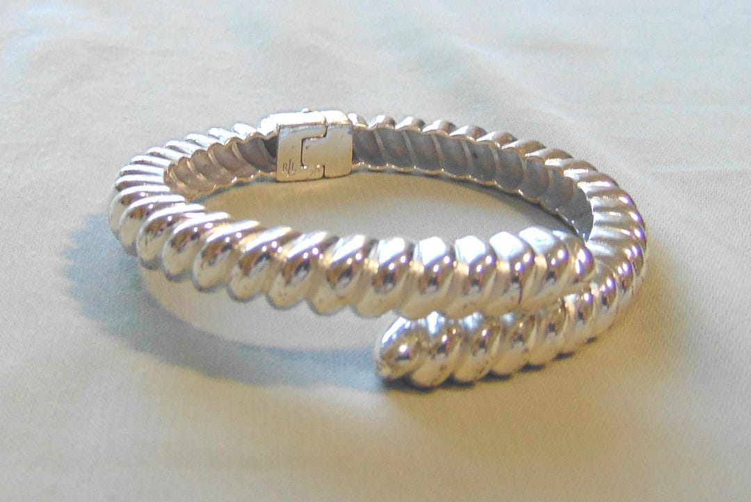 RLL Ralph Lauren Silver Tone Hinge Ribbed Clamper Cuff Bangle Bracelet ...