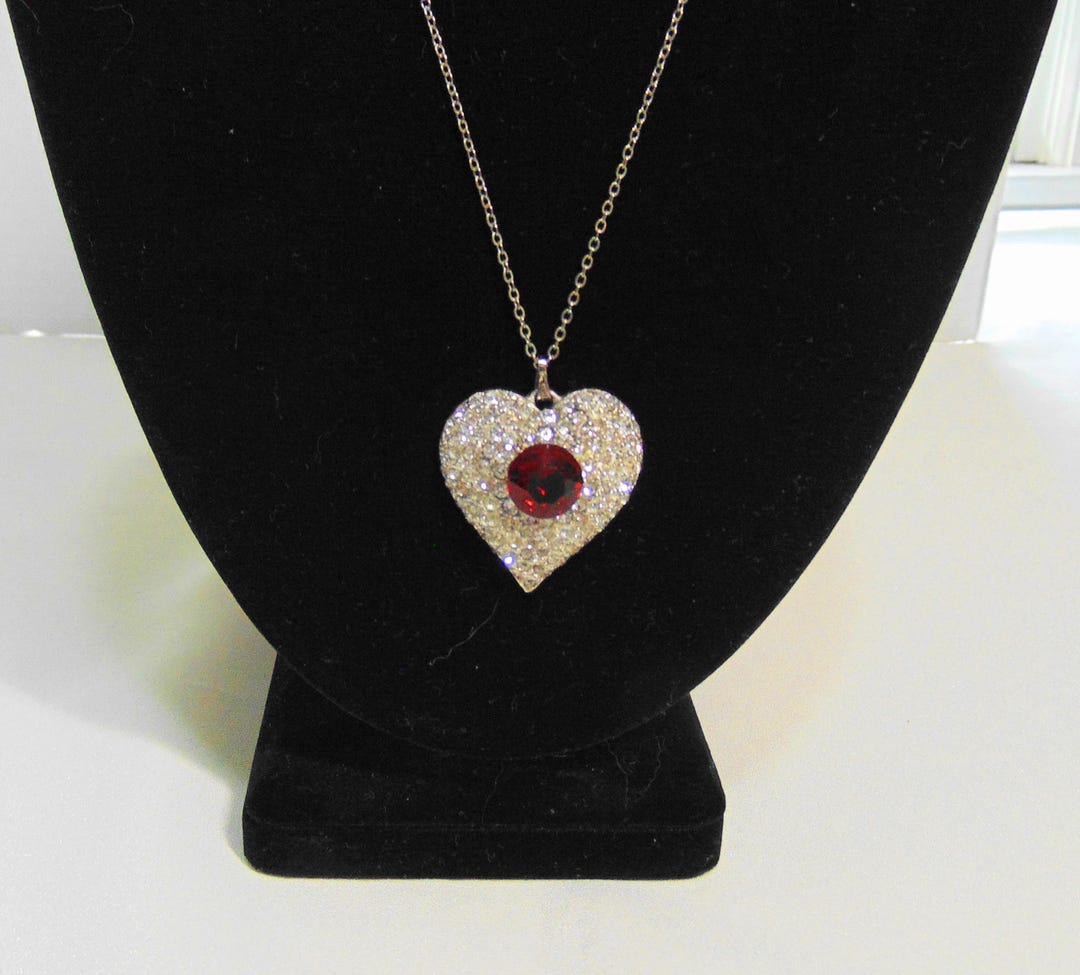 Vintage Ruby Red Swarovski Glass Clear Rhinestone Heart Necklace: L18 ...