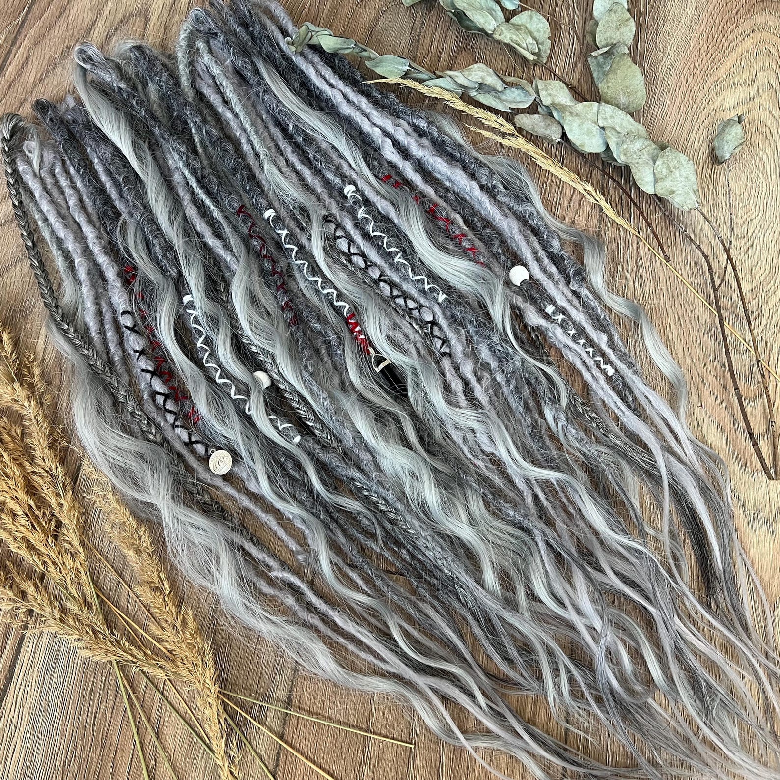 Gray Synthetic Dreadlock Extensions: Braided, Curly, Beaded Faux Locs ...