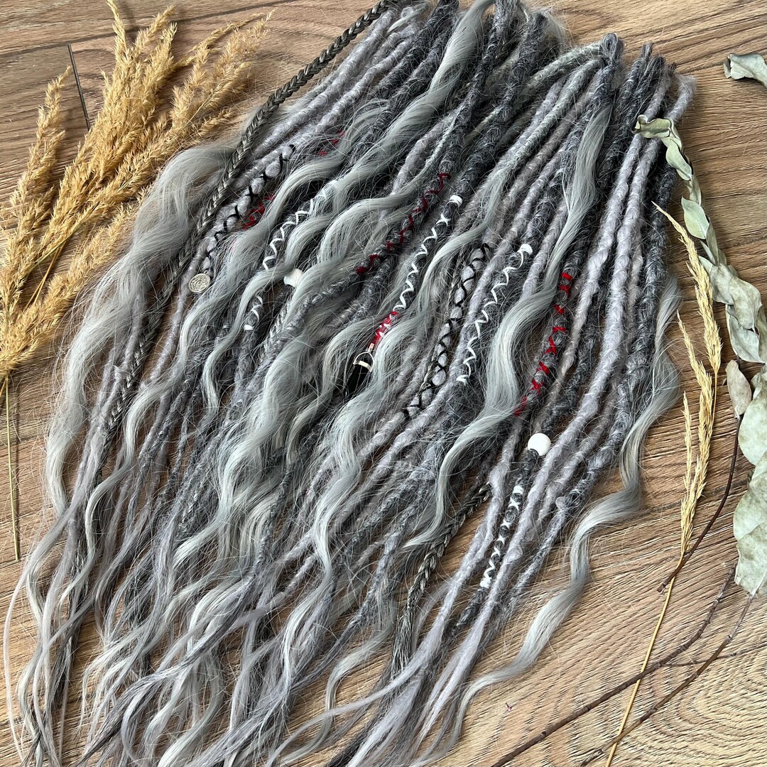 Gray Dreadlock Extensions With Curls, Braids & Beads | SE/DE Faux Locs ...