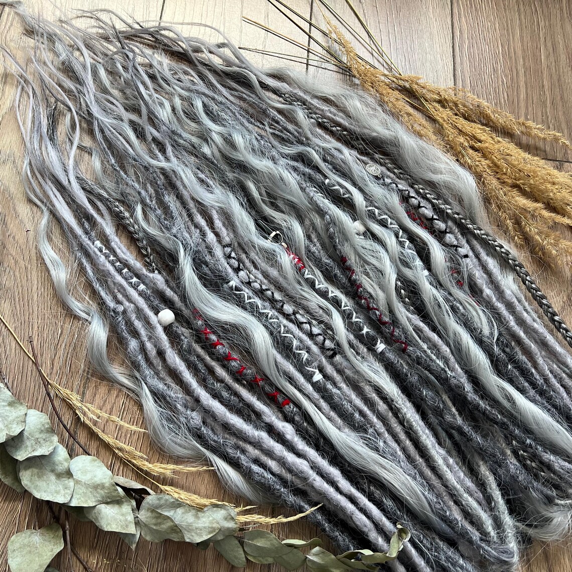 Gray Synthetic Dreadlock Extensions: Braided, Curly, Beaded Faux Locs ...