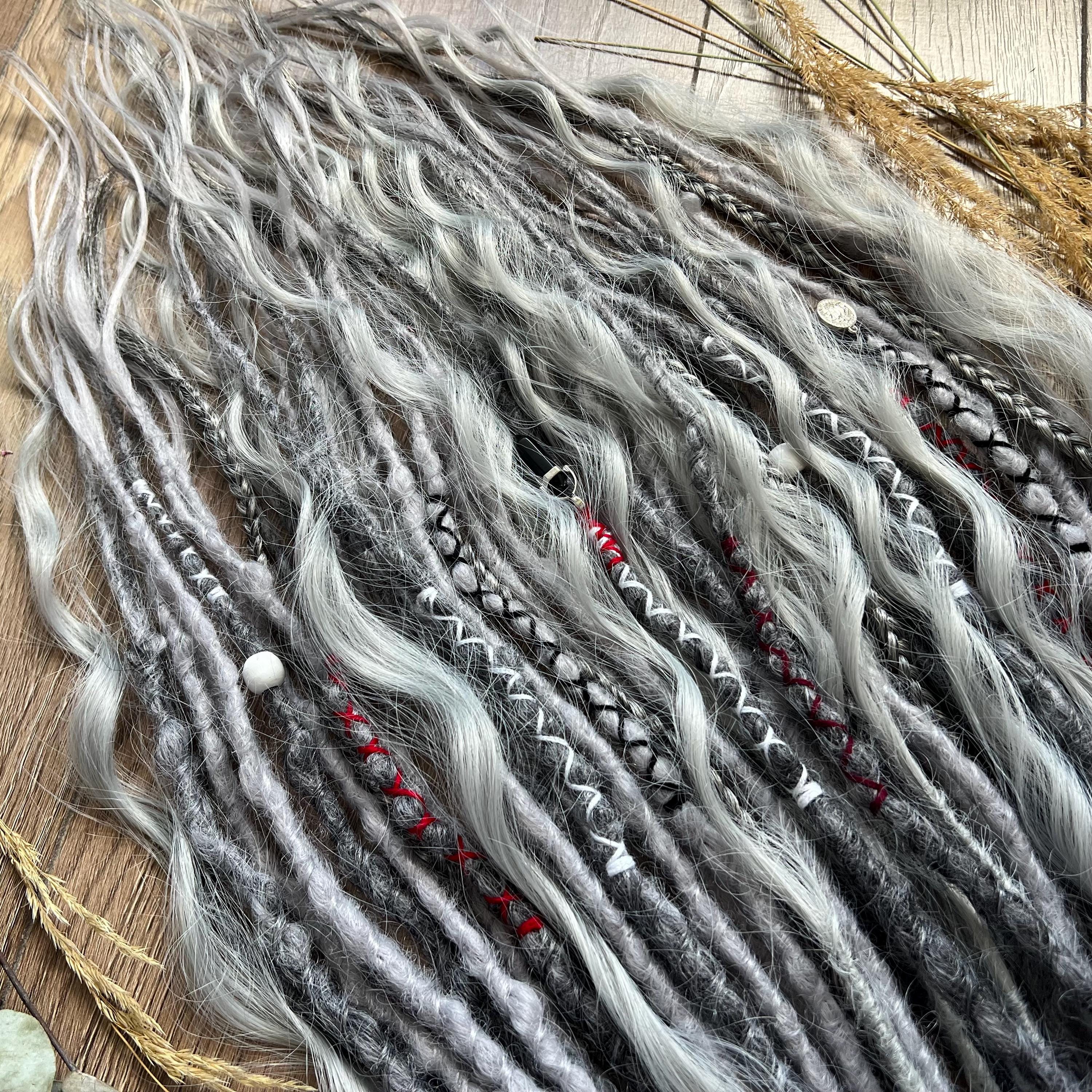 Gray Synthetic Dreadlock Extensions: Braided, Curly, Beaded Faux Locs ...