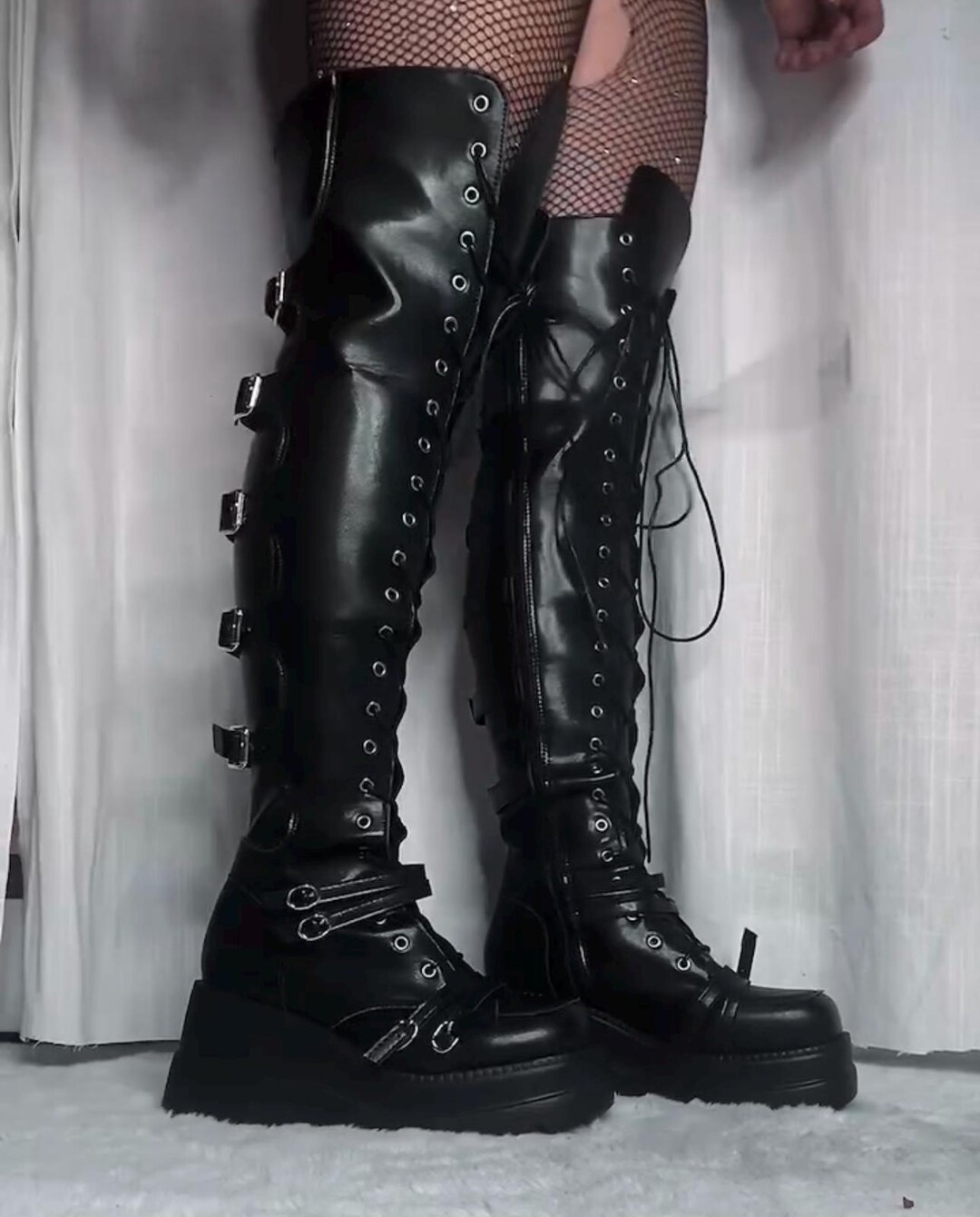 Thigh High Rave Gothic Goth Black Faux Leather With Mental Buckels ...