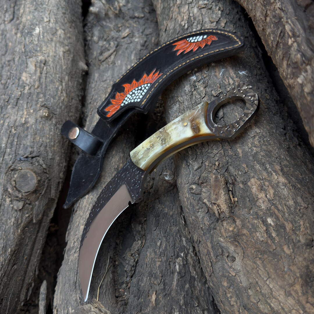 Hand Forged Karambit Knife With Horn Handle and Tooled Leather Sheath ...
