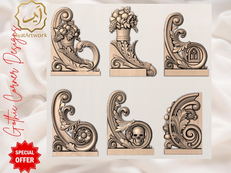6pc Baroque Corner Ornament 3D Relief Bundle | CNC Router STL, Laser ...