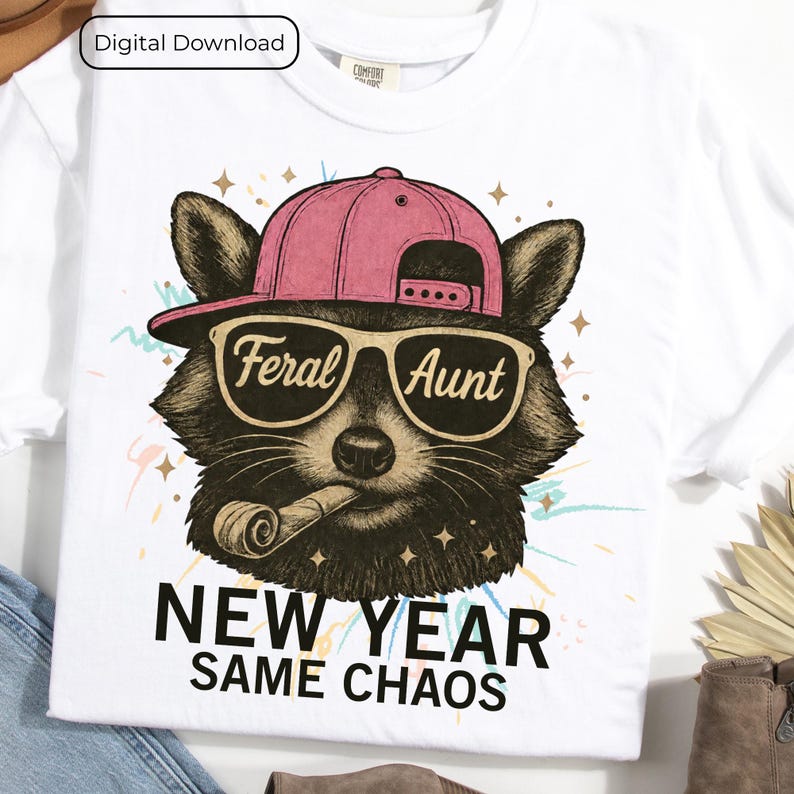 Feral Aunt Raccoon PNG: Pink Hat | 2026 | New Year Same Chaos | Digital ...