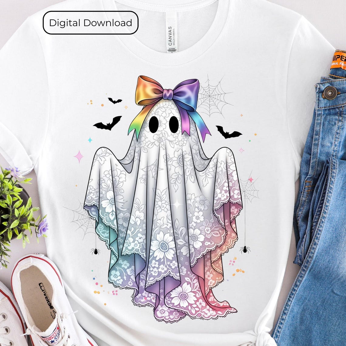 Rainbow Vintage Lace Spooky Ghost PNG: Colorful Halloween Clipart ...