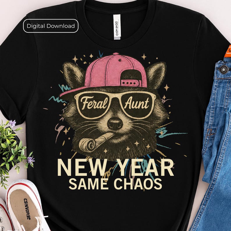 Feral Aunt Raccoon PNG: Pink Hat | 2026 | New Year Same Chaos | Digital ...