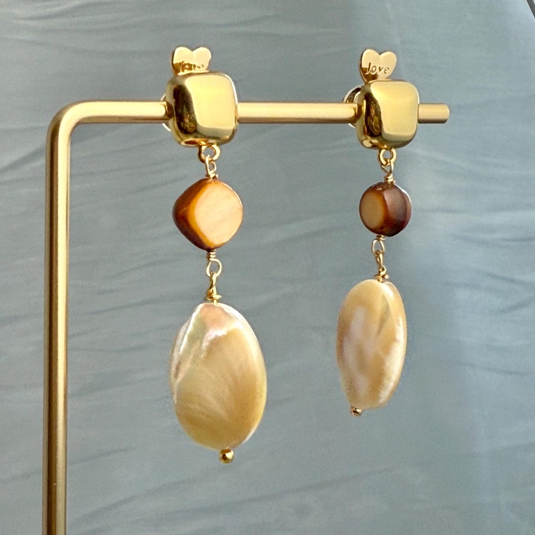 18K Gold Plated Tiger Eye Shell Drop Earrings: Elegant Statement ...