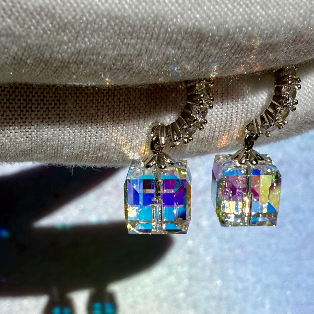 Swarovski Crystal Cube Drop Earrings: Iridescent Aurora Borealis, Sterling Silver - Etsy