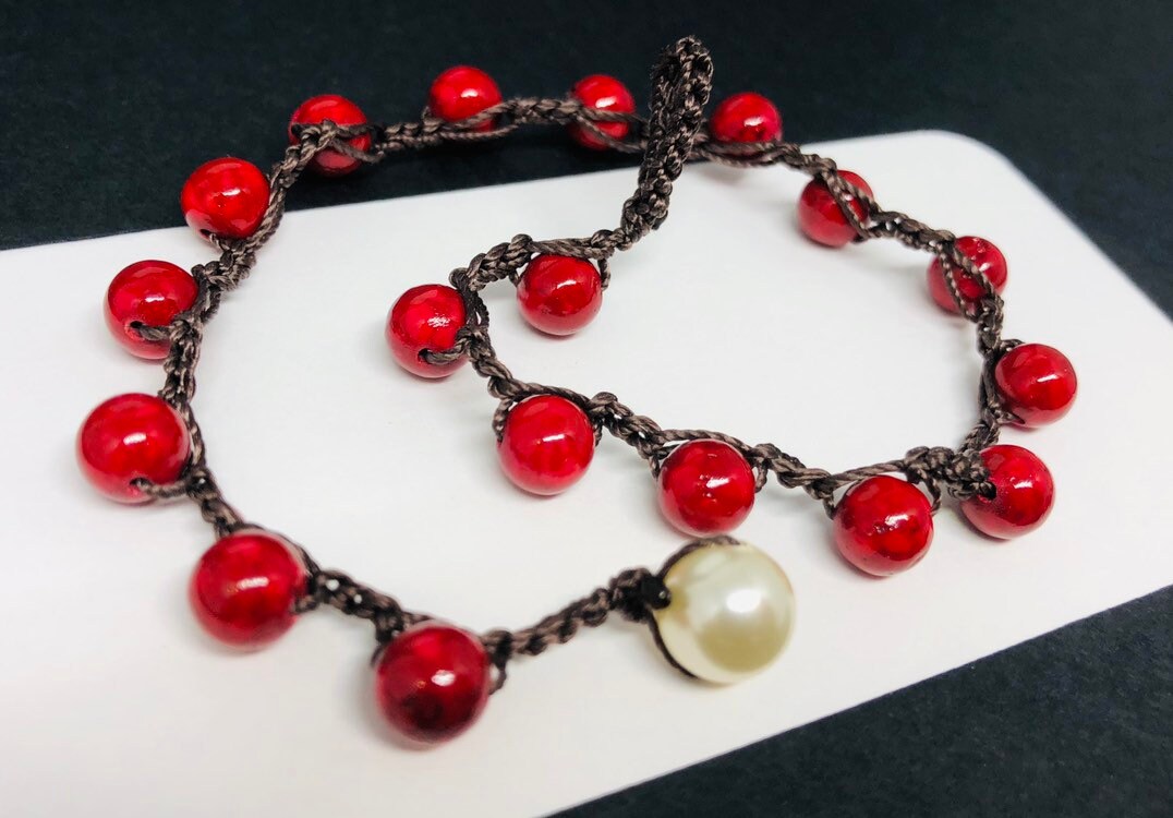Anklet Red Riverstone Beads With a Swarovski Glass Crystal Bead Closure ...
