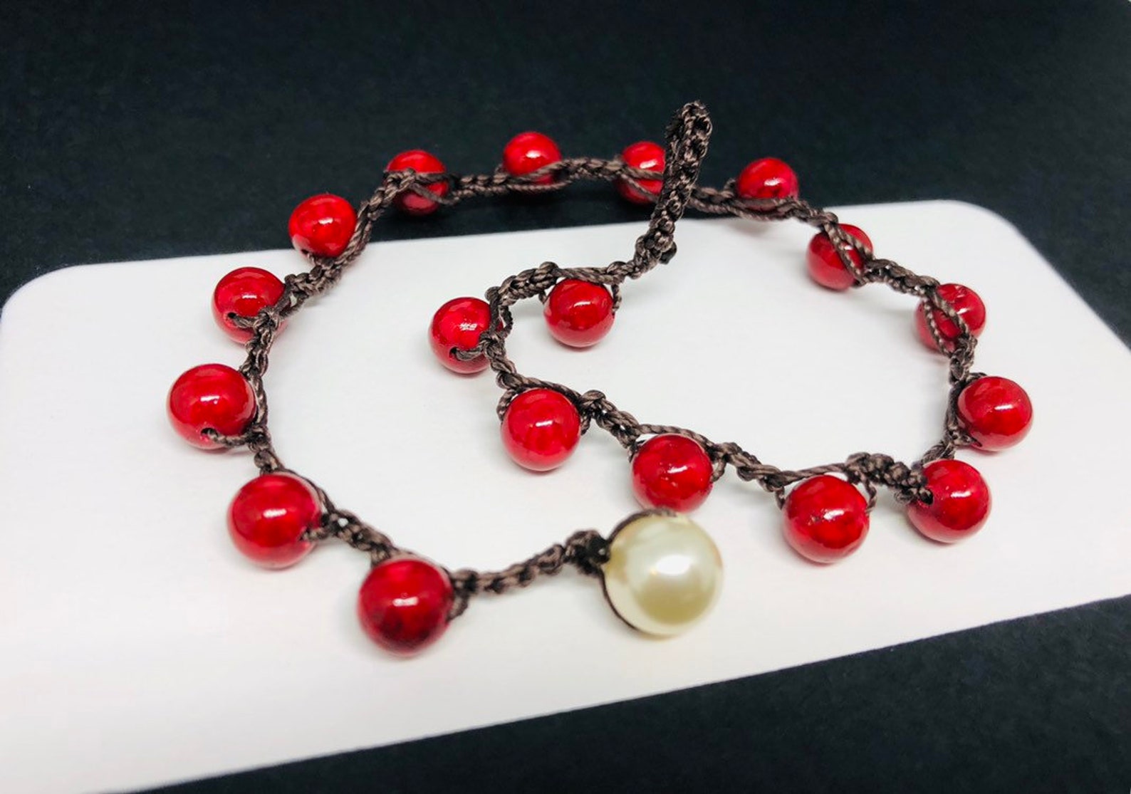 Anklet Red Riverstone Beads With a Swarovski Glass Crystal Bead Closure ...