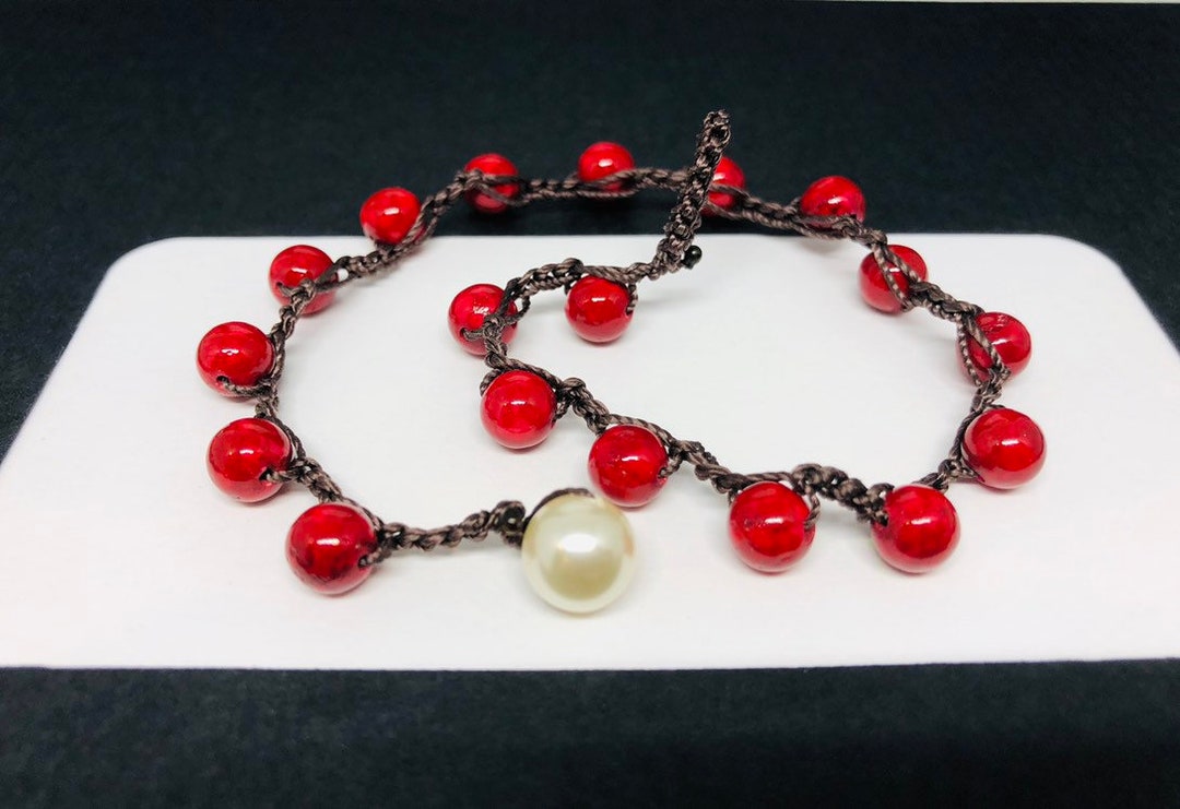 Anklet Red Riverstone Beads With a Swarovski Glass Crystal Bead Closure ...