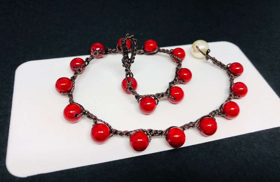 Anklet Red Riverstone Beads With a Swarovski Glass Crystal Bead Closure ...