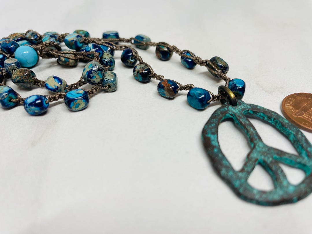 PEACE Sign Necklace Turquoise Patina Blue Agate Nuggets One-of-a-kind ...