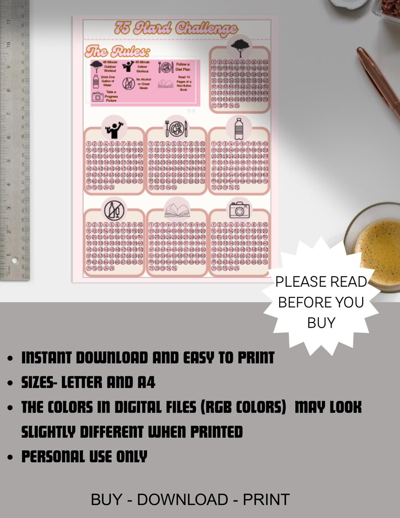 75 Hard Challenge Printable | Daily Progress Tracker | Digital Download ...