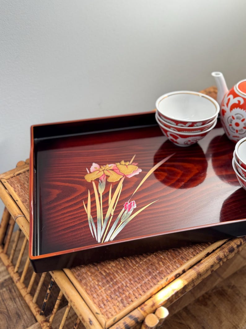Vintage Japanese Lacquer Tray: Iris Design Aizu Style Mid-century ...