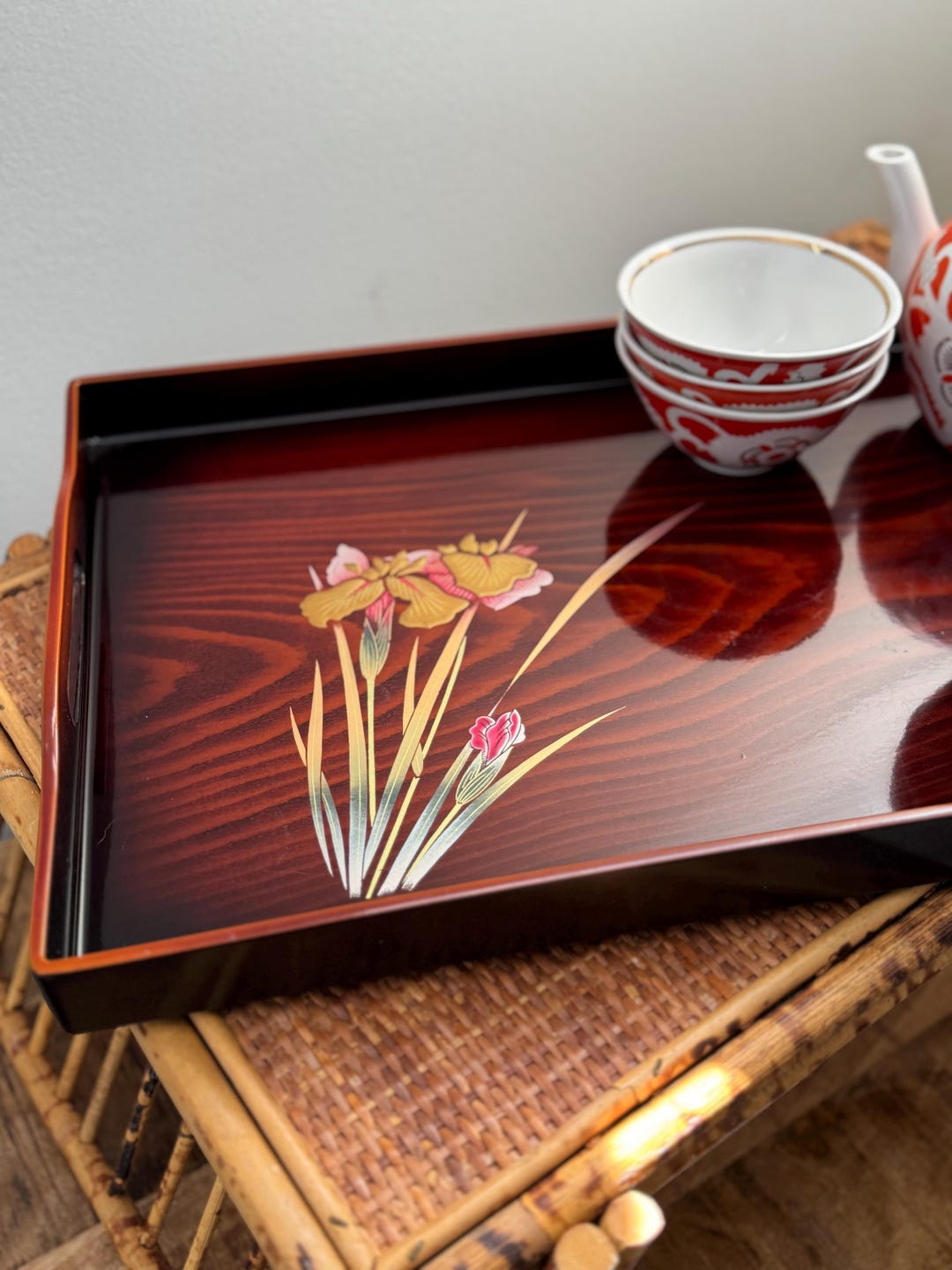 Vintage Japanese Lacquer Tray: Iris Design Aizu Style Mid-century ...