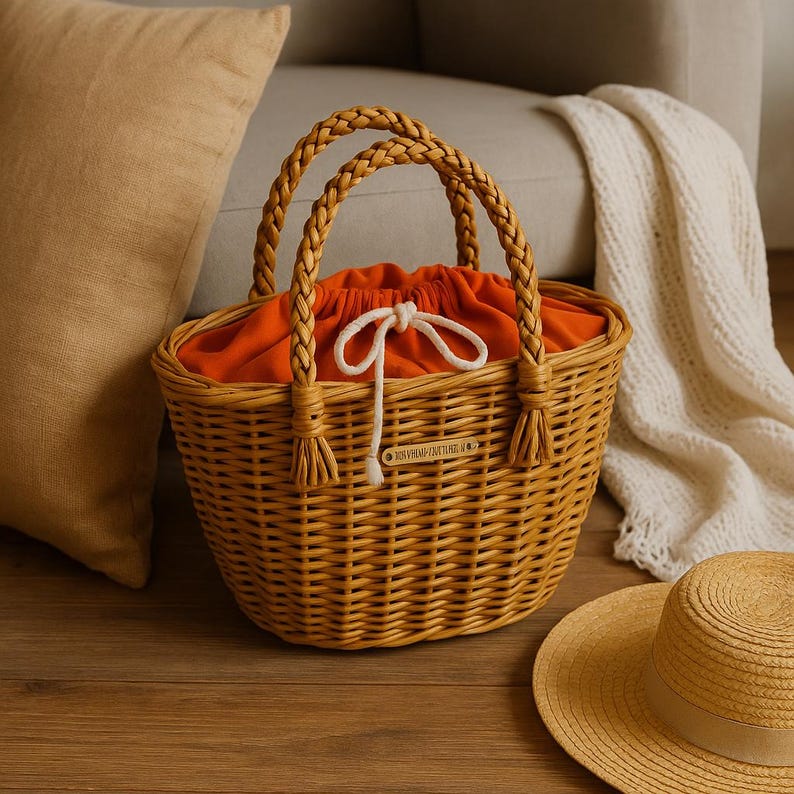 Handwoven Wicker Tote Bag With Braided Handles – Summer Basket Bag With ...