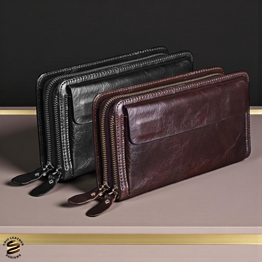 Men’s Genuine Leather Double Zipper Wallet Large Phone Purse - Etsy