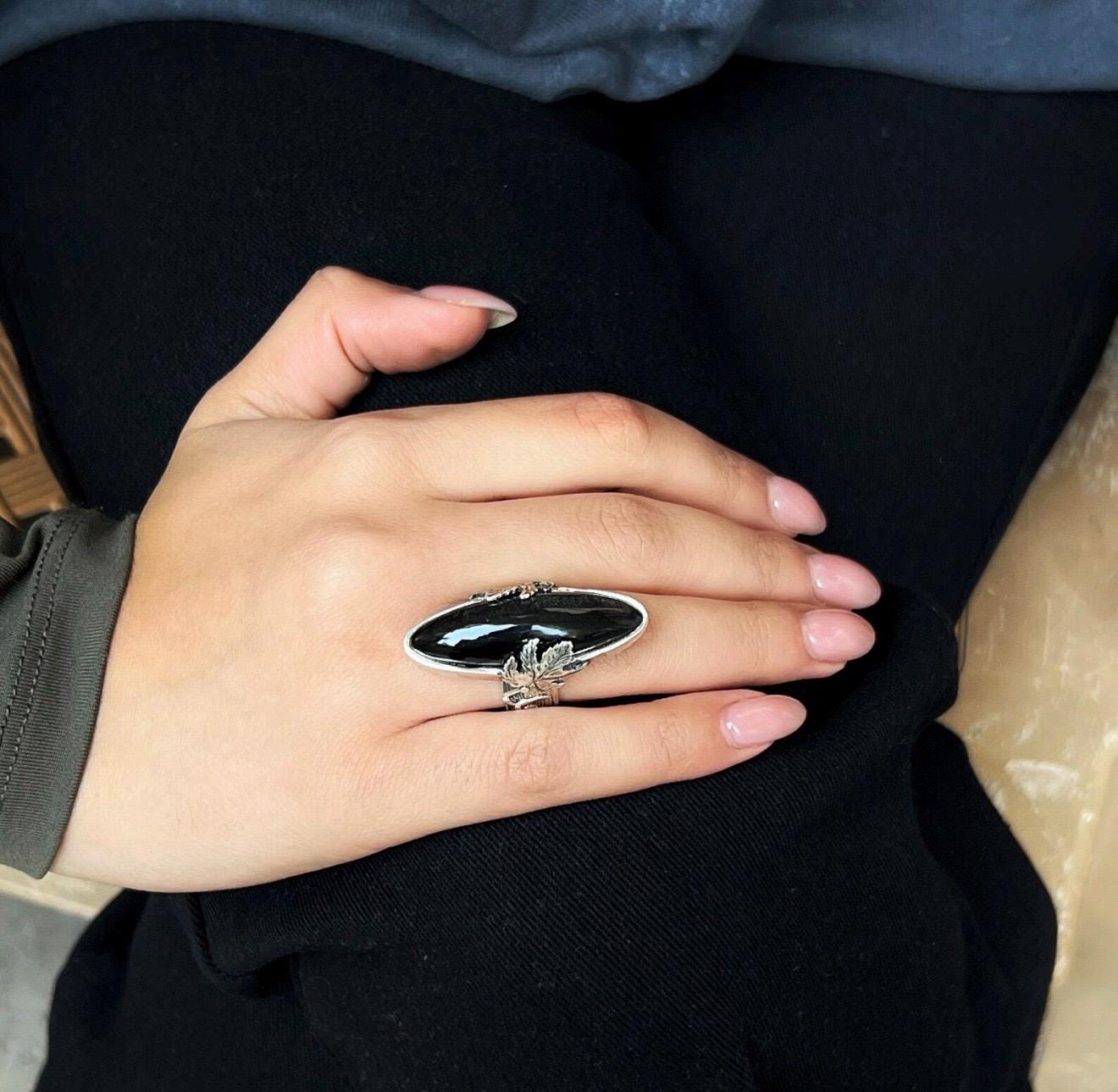 Large Obsidian Ring With Leaf Design in Sterling Silver, Handmade Black ...