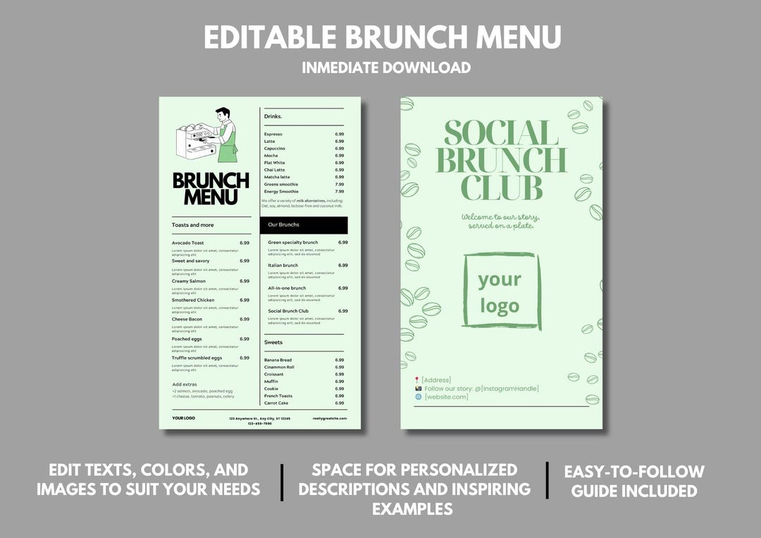 Chic Brunch Restaurant Menu Template | Printable PDF & Editable in ...