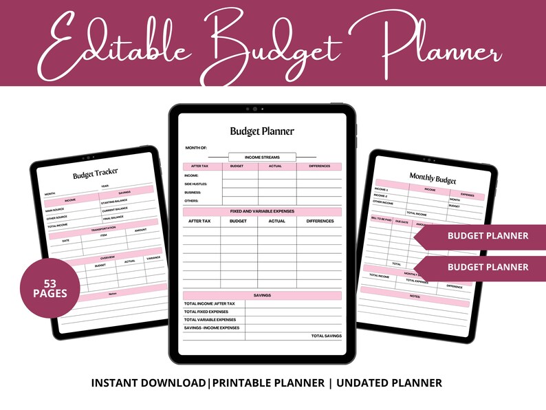 Editable Budget Planner, Printable Personal Finance, Financial Monthly ...