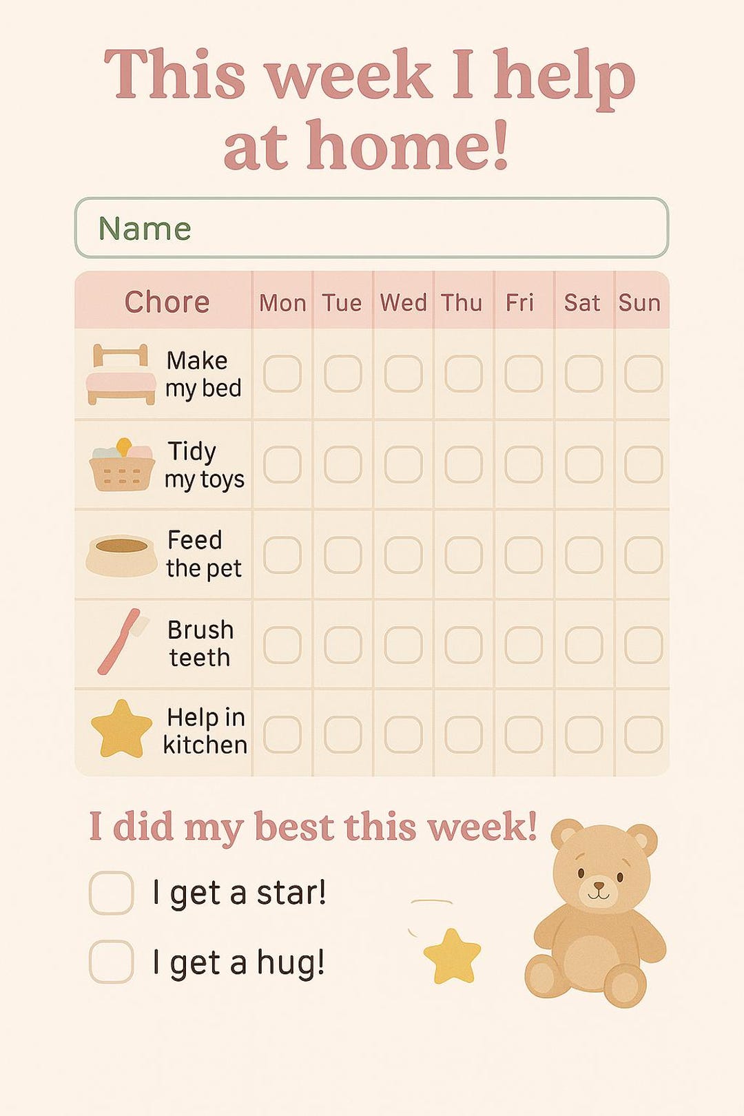 Printable Kids Chore Chart | Pastel Weekly Responsibility Tracker ...