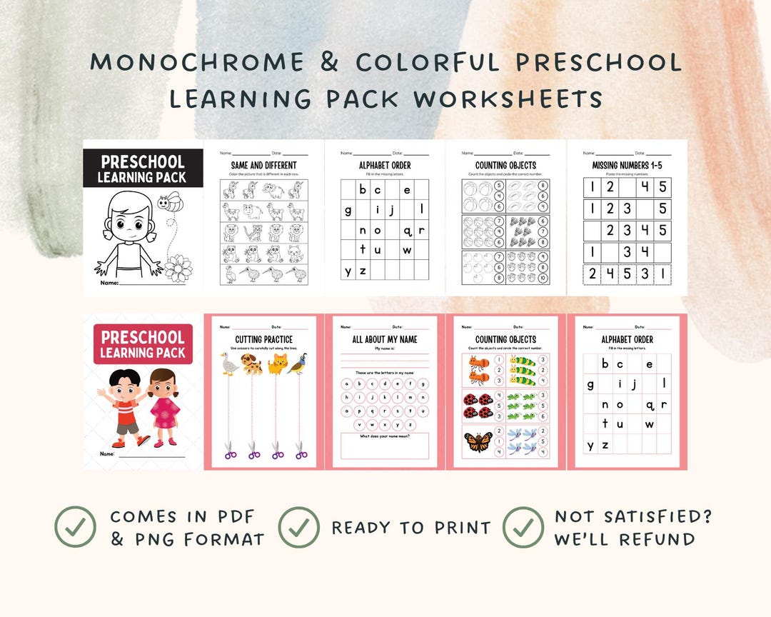 Printable Preschool Learning Pack Worksheets | Monochrome and Colorful ...