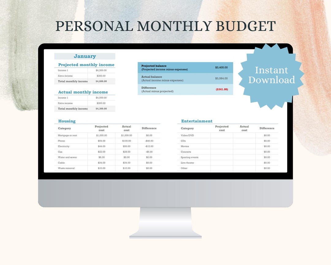 Monthly Budget Spreadsheet | Blue Green Palette | Simple Annual Budget ...