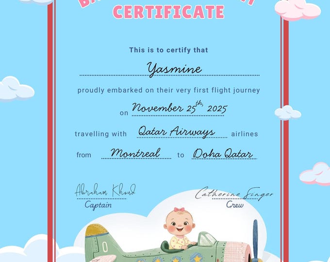 Cute Pink My First Flight Certificate Template, Baby's Very 1st Flight ...