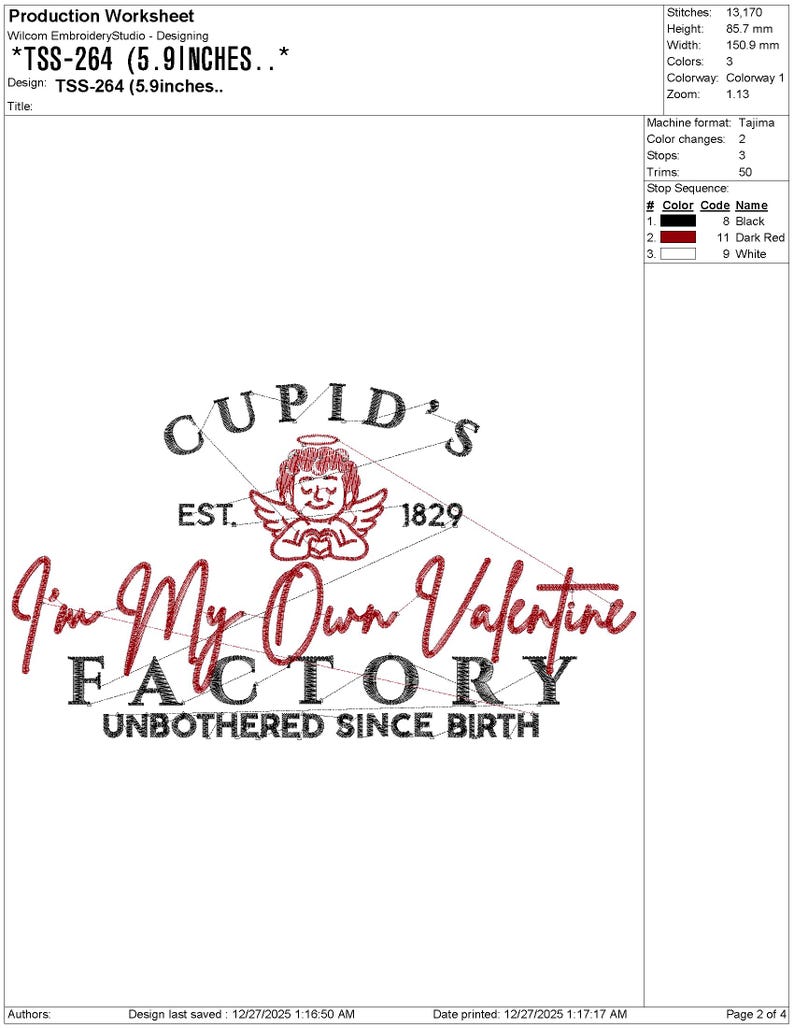 Cupid's Good Luck I'm Tired Factory Valentines Embroidery Design, Funny ...