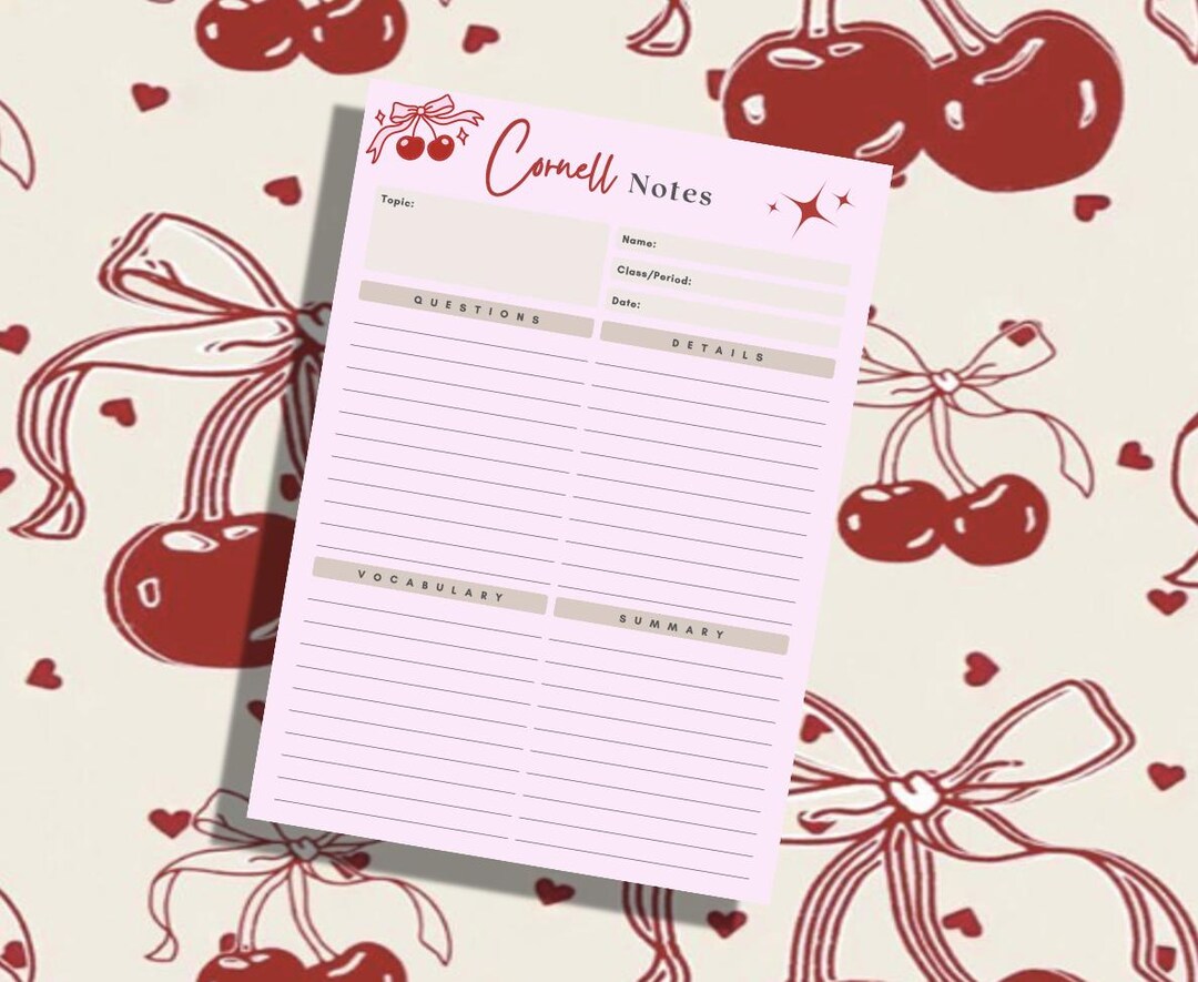 Girly Pink Cornell Style Note Taking Template - Etsy