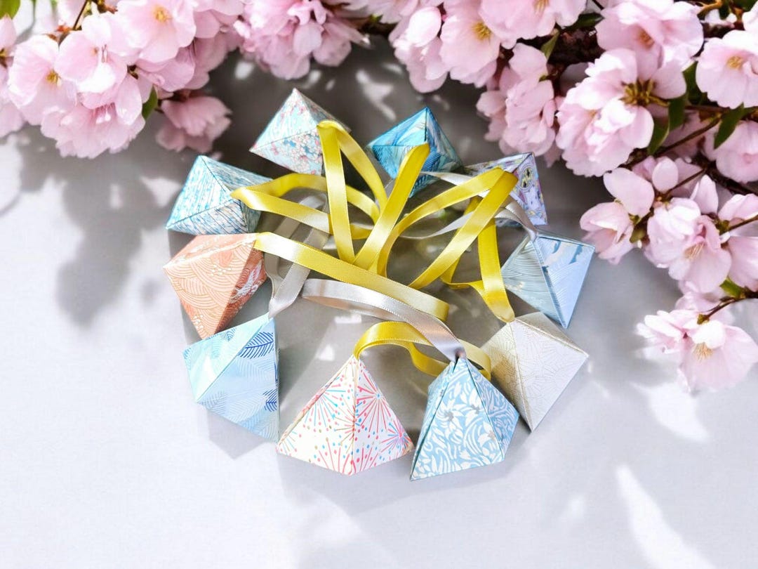 Pack of 10 Handmade Origami Pyramid Hanging Ornaments W Ribbons ...