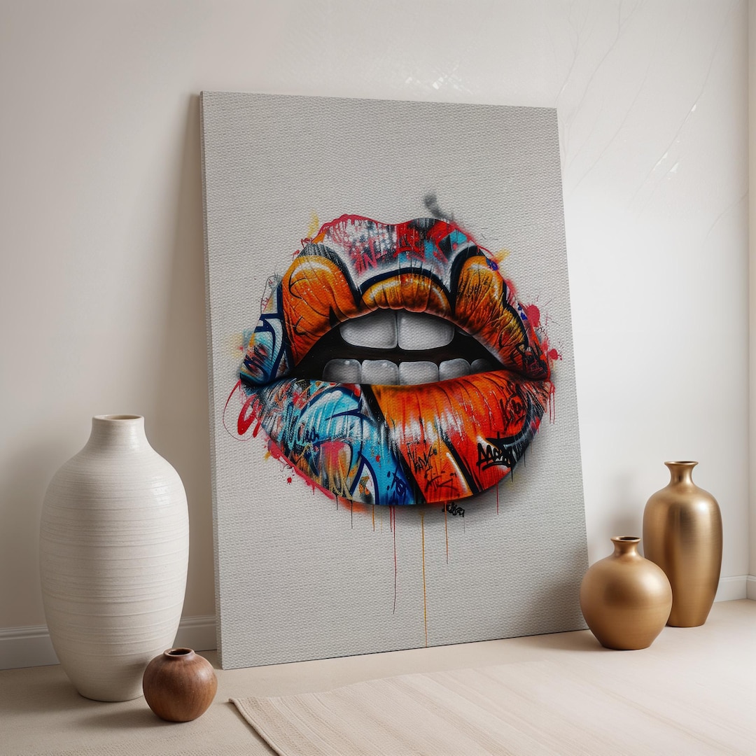 Graffiti Lips Canvas Wall Art, Bold Urban Pop Street Print, Colorful ...