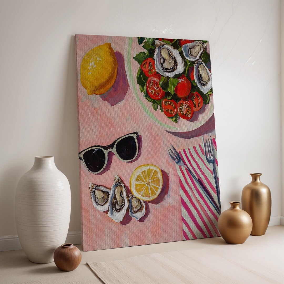 Oyster Salad Canvas, Lemon Tomato Art, Summer Table Wall Print, Framed ...