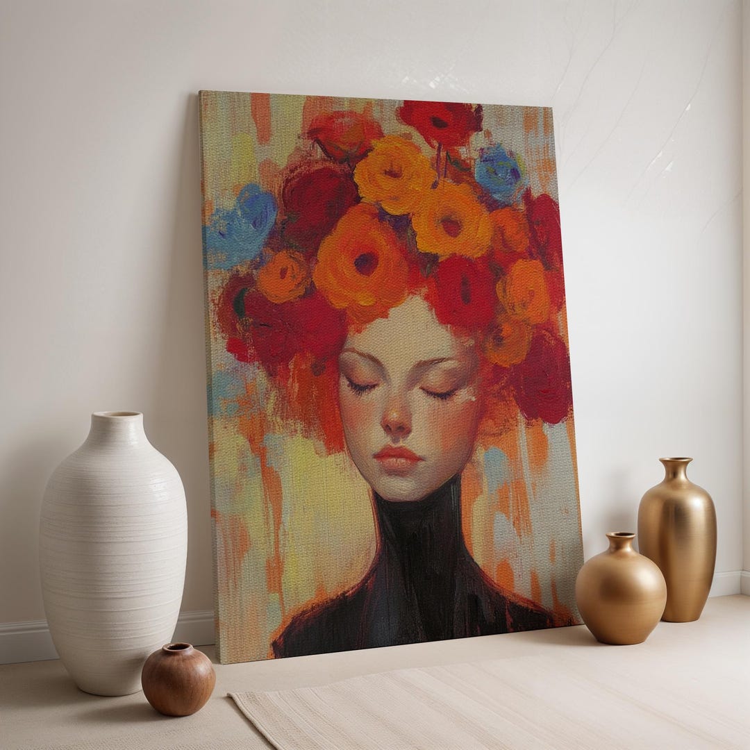 Floral Woman Portrait Canvas, Closed Eyes Girl Wall Art, Framed ...