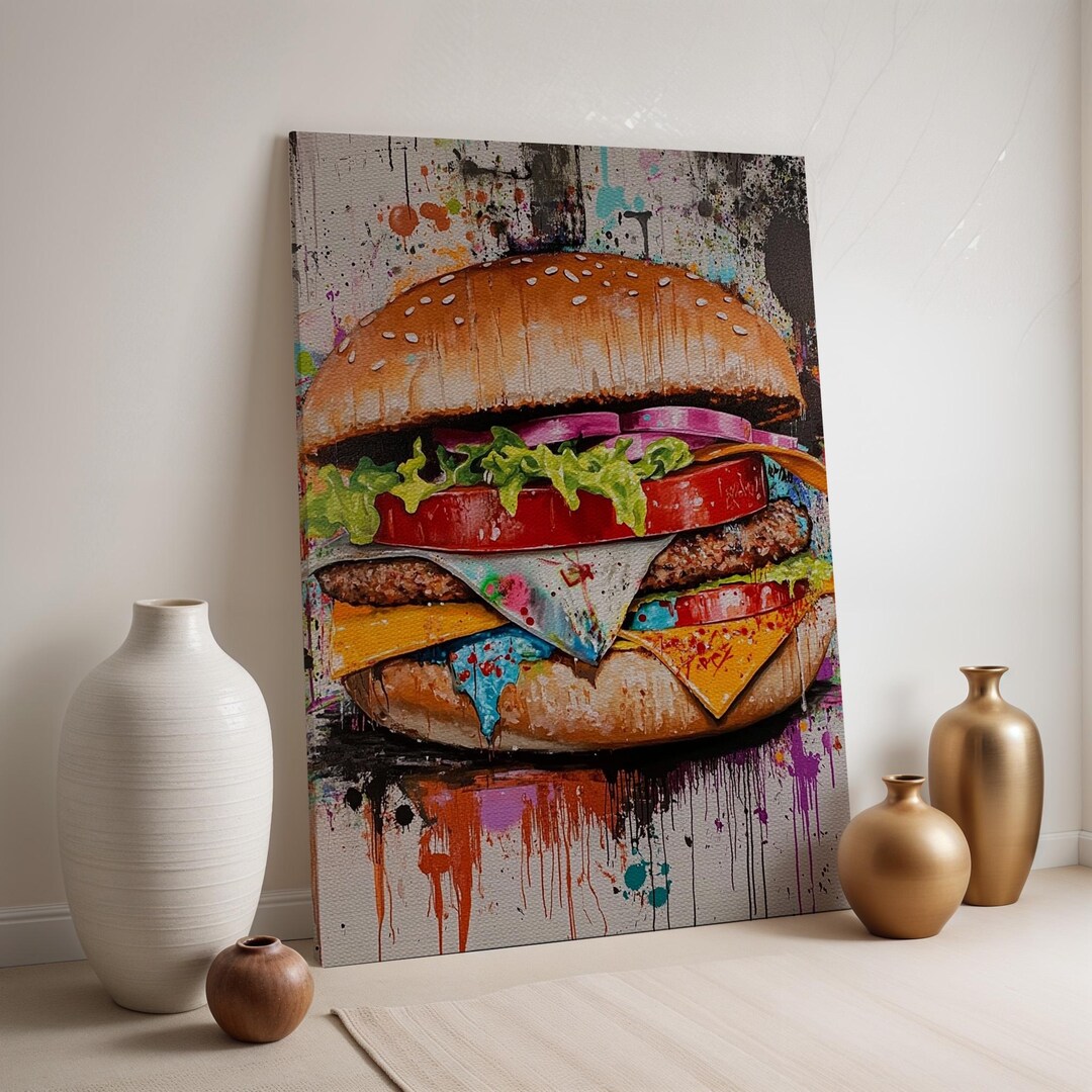 Colorful Burger Canvas Wall Art, Pop Art Cheeseburger Print, Framed ...