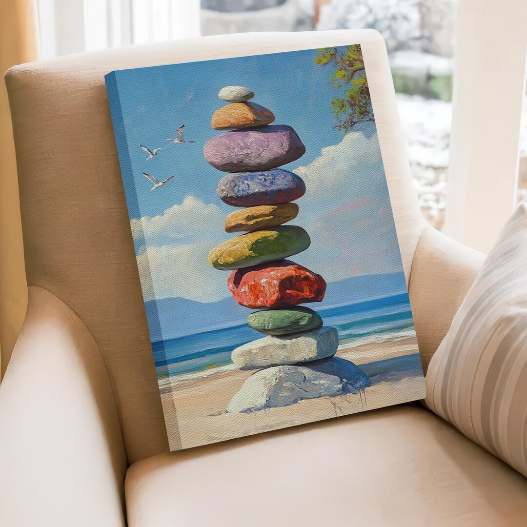 Framed Canvas Zen Stones on Beach, Colorful Rock Balance Artwork ...